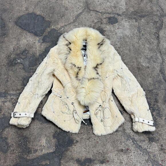 Jackets & Coats | Vintage Cream Rabbit Fur Leather Fox Fur Biker Jacket ...